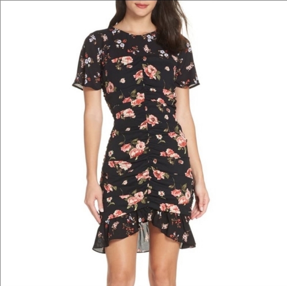 19 Cooper | Dresses | 9 Cooper Center Ruched Ruffle Dress Black Floral ...